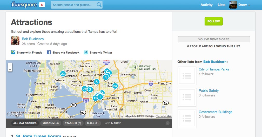 Tampa Mayor uses foursquare to Help you Tour his City