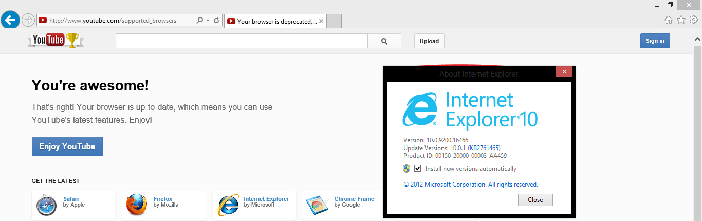 YouTube Detects IE10 on Windows 7, IE8 as 'No Longer Supported'