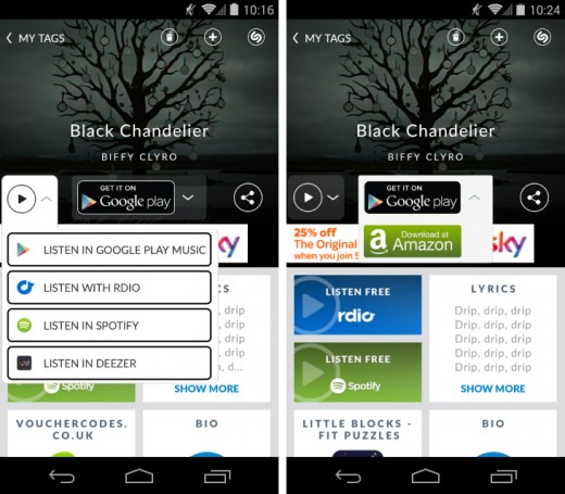 Shazam for Android Gets Google Play, All Access Shortcuts