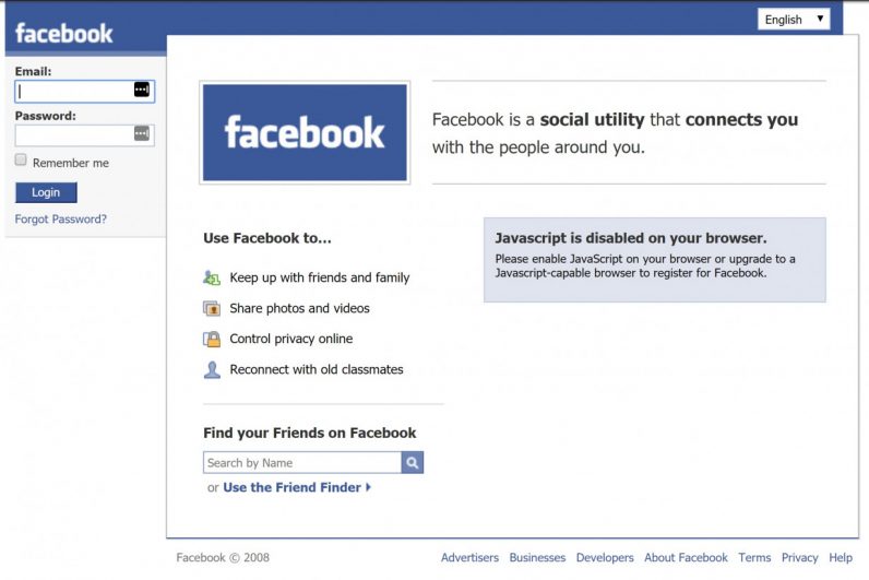 A look at Facebook.com’s homepage over the last 15 years
