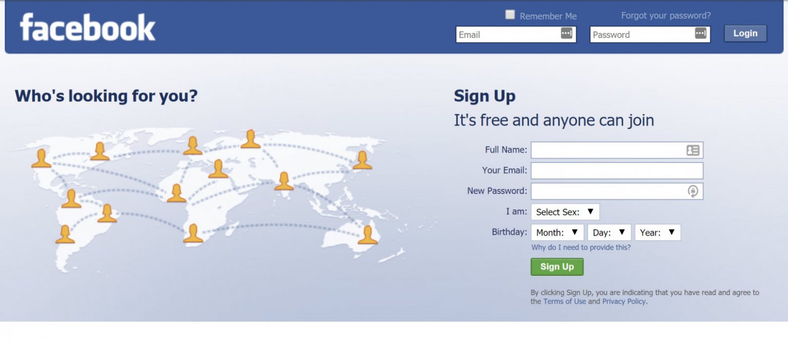A look at Facebook.com’s homepage over the last 15 years