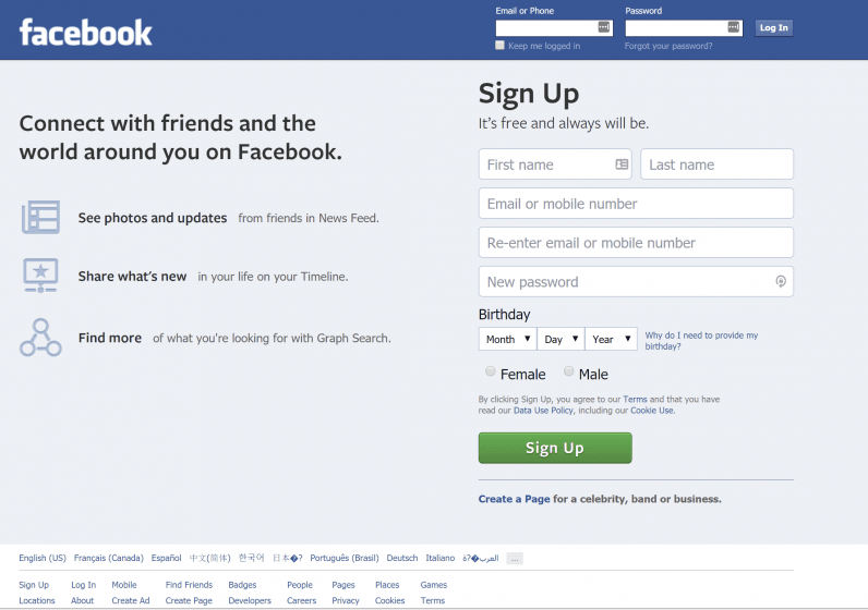 A look at Facebook.com’s homepage over the last 15 years