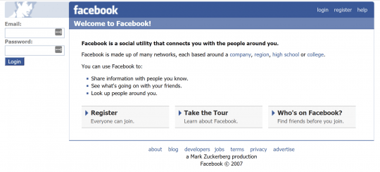 A look at Facebook.com’s homepage over the last 15 years