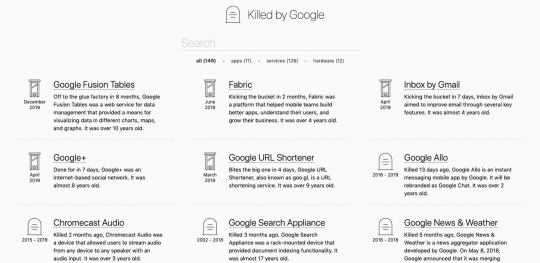 Killed By Google is a digital graveyard of the company’s dead products