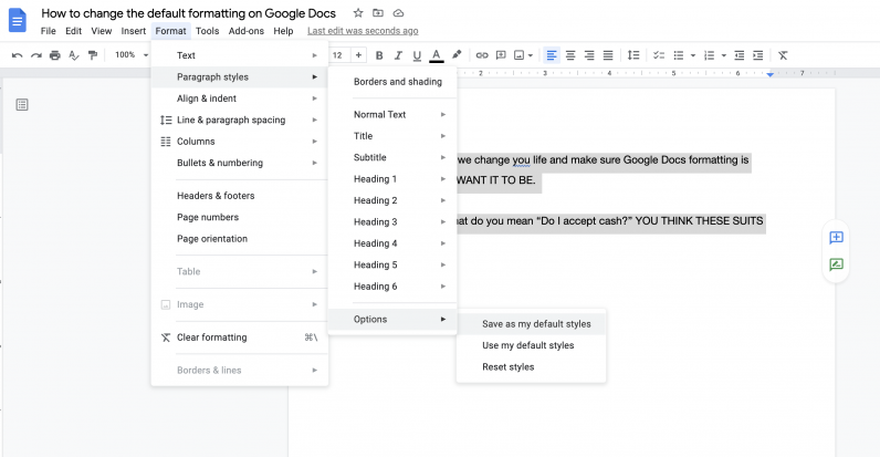 How to change the default text formatting on Google Docs